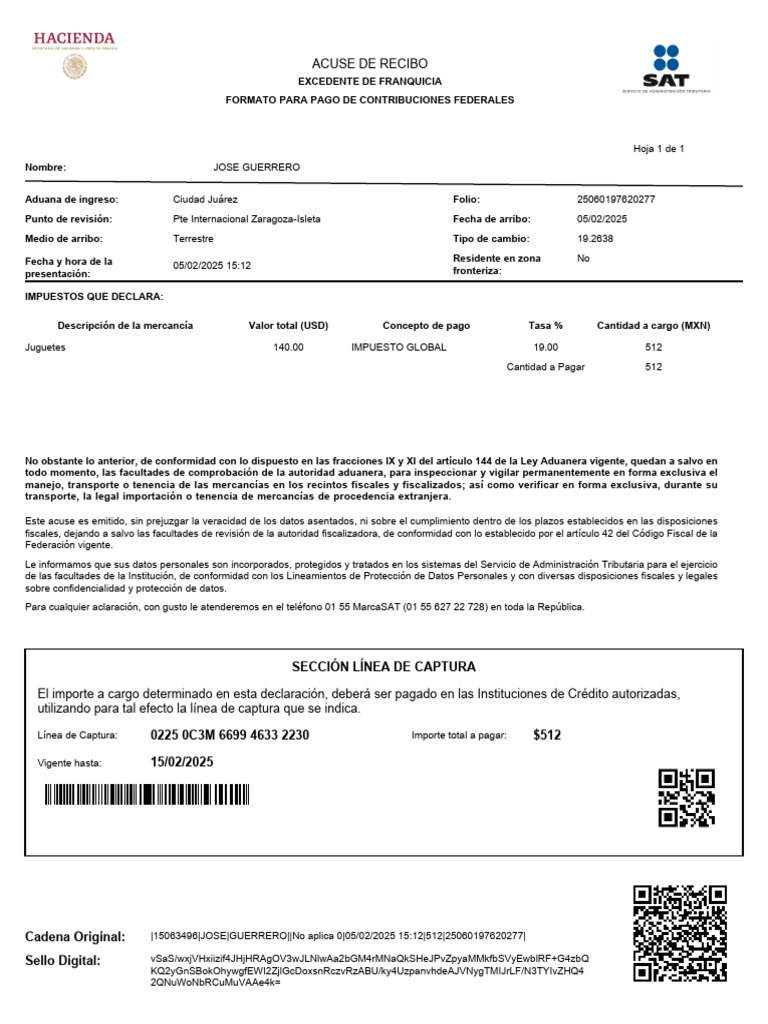 Acuse de Recibo de Pago de Impuestos | PDF