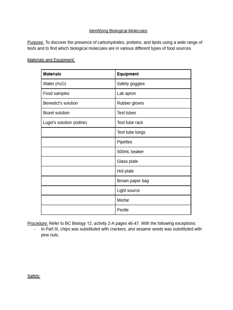 Identifying Biological Molecules in Food | PDF | Foods | Carbohydrates