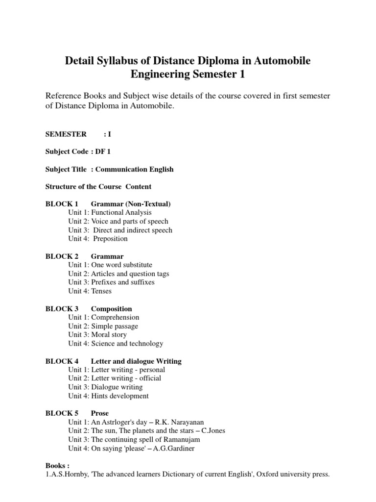 Detail Syllabus Distance Diploma Automobile Engineering Semester 1 ...