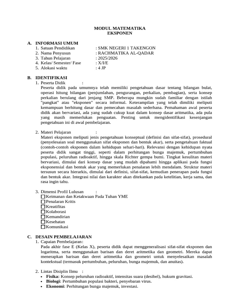 Modul Ajar Kelas X Eksponen | PDF