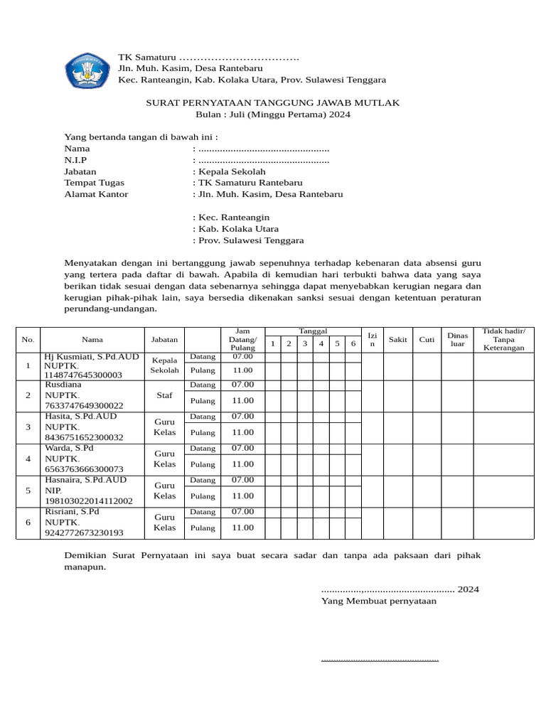 Format Absen TK Samaturu | PDF