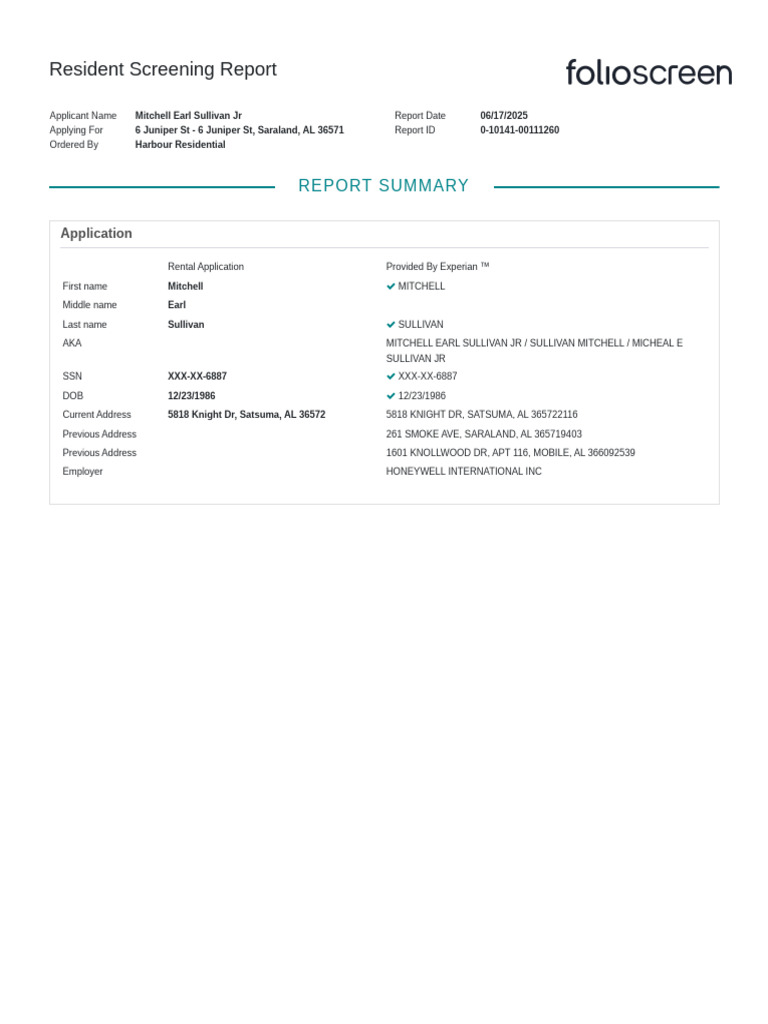 Resident Screening Report for Mitchell Sullivan | PDF | Credit ...