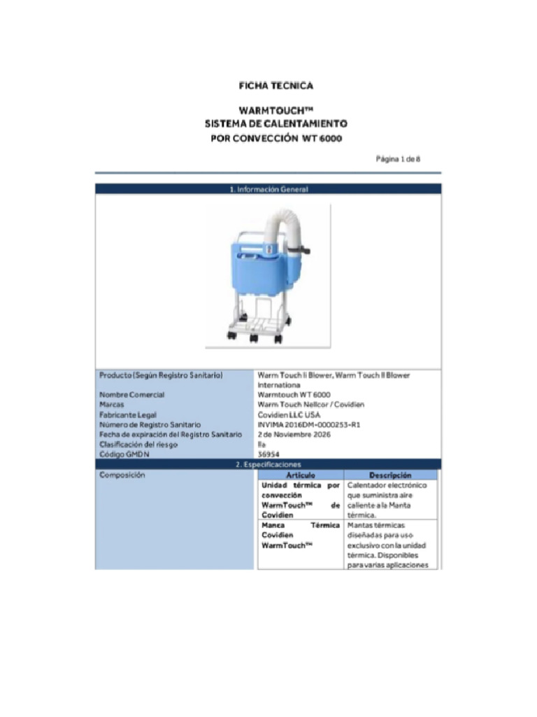 Ficha Tecnica - CAlentador Warm Touch BL-WT6000 | PDF