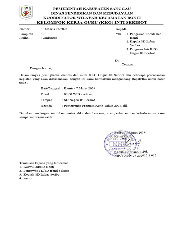 2024.03 Surat Undangan KKG Penyusunan Program Kerja KKG Induk Seribot Th. 2024 | PDF