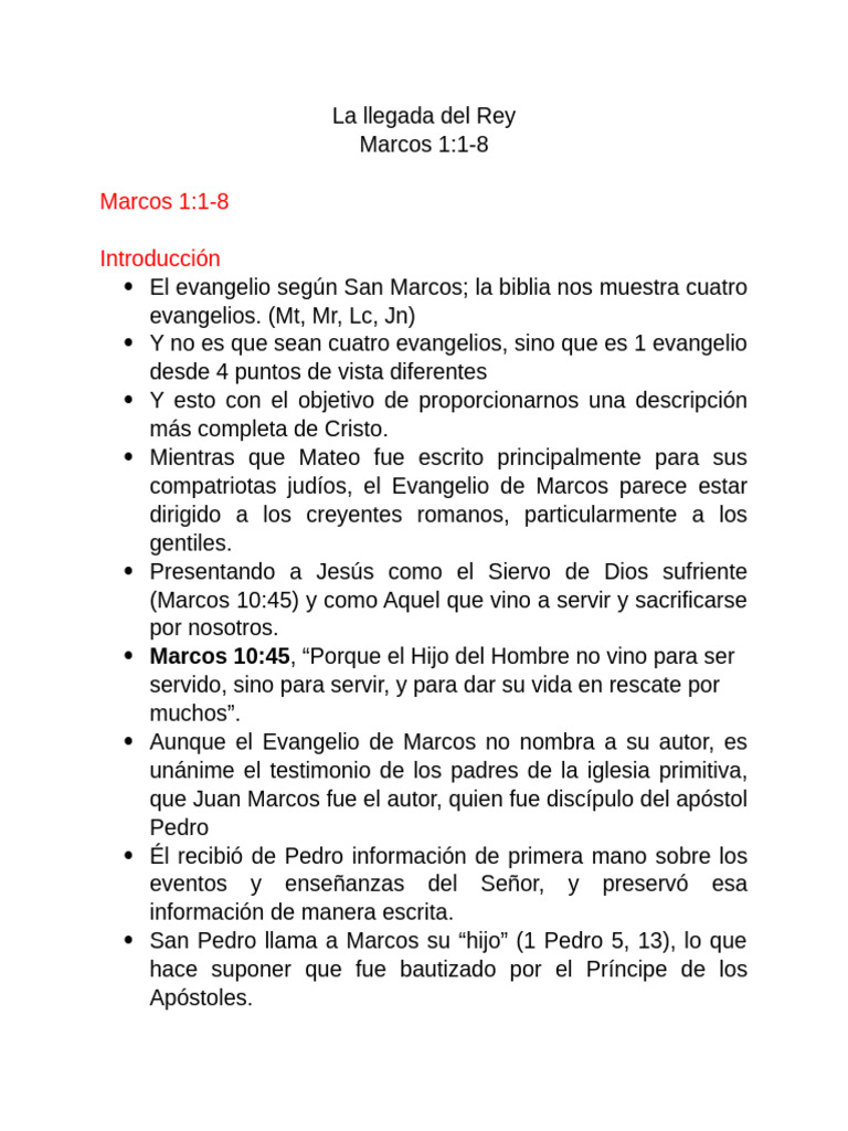 Marcos 1 - 1-8 La Llegada Del Rey | PDF | Jesús | Evangelio de Marcos