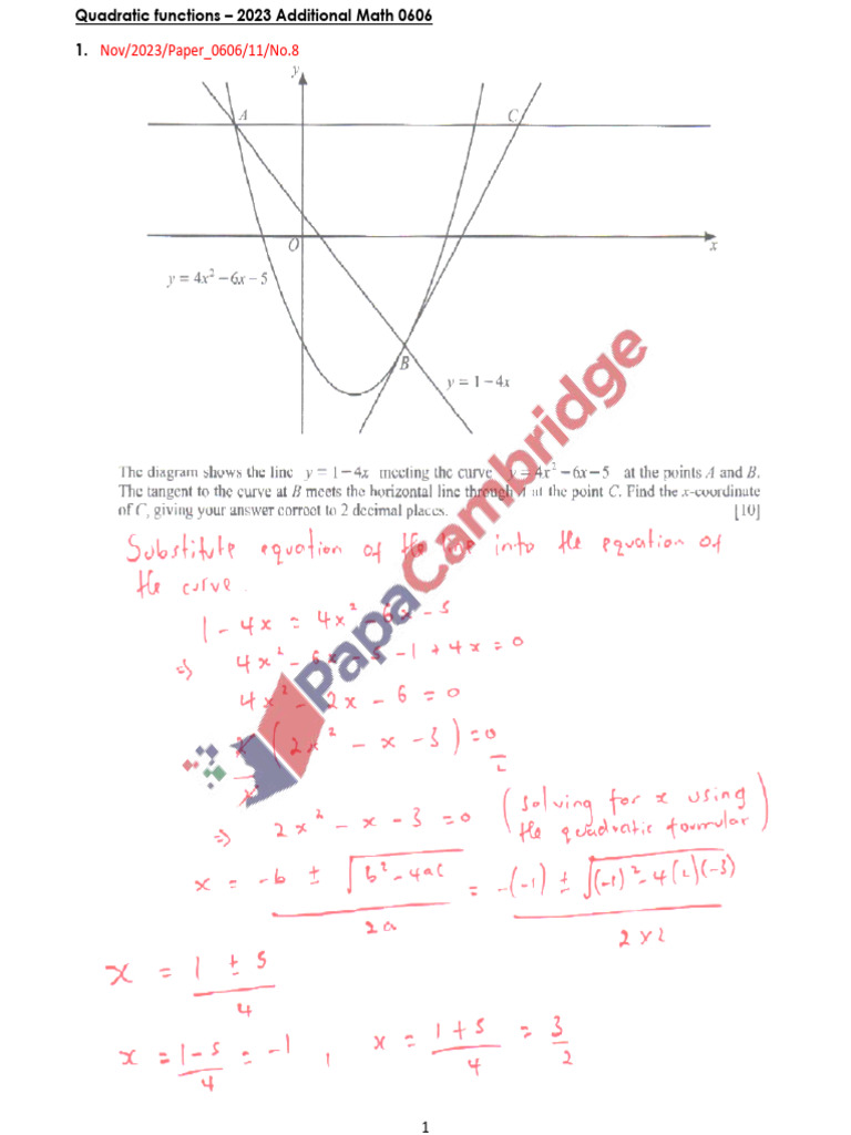 2023 Quadratic Functions Additional Math 0606 Solved | PDF