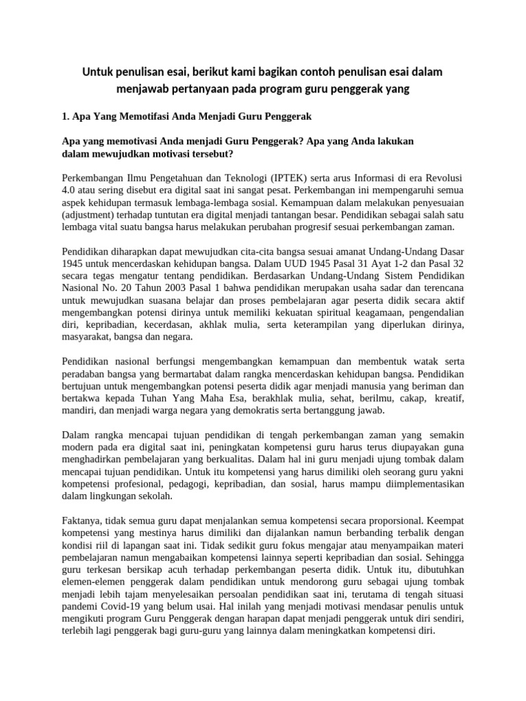 Jawaban Esai Guru Penggerak Guru Punya Dewi Draf | PDF