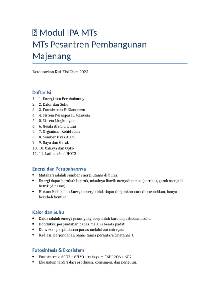 Modul IPA MTs: Energi dan Ekosistem | PDF