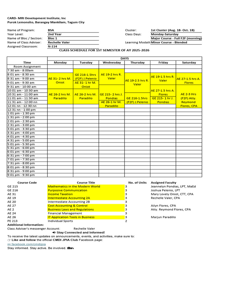 Class Schedule. 2nd Year 1 | PDF | Accounting