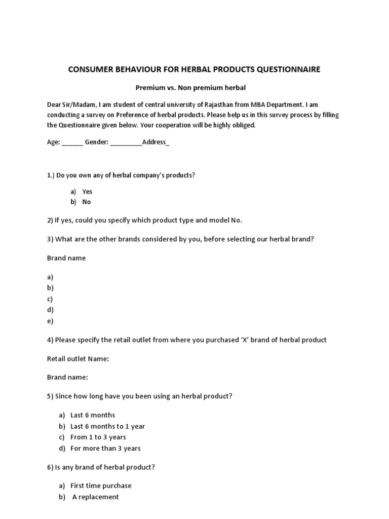 Questionnaire HERBAL PRODUCT | PDF | Brand | Advertising