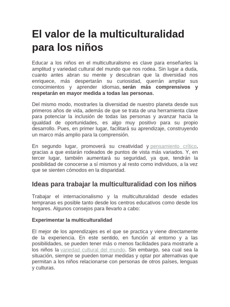 El valor de la multiculturalidad para los niños. | PDF | Aprendizaje ...