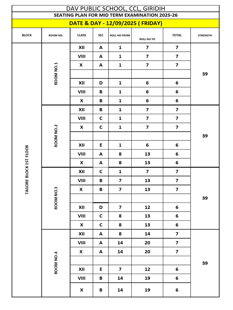 Mid Term Exam Seating Plan 2025-26 | PDF