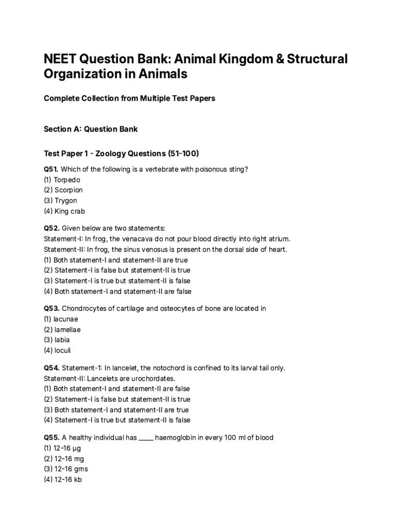NEET Biology: Animal Kingdom Q&A Bank | PDF | White Blood Cell | Zoology