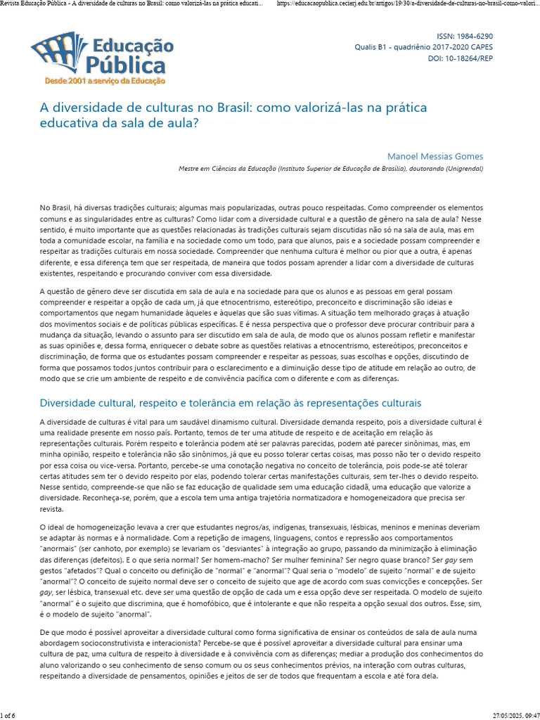 Artigo 02 A diversidade de culturas no Brasil como valorizá-las na prática educativa da sala de ...