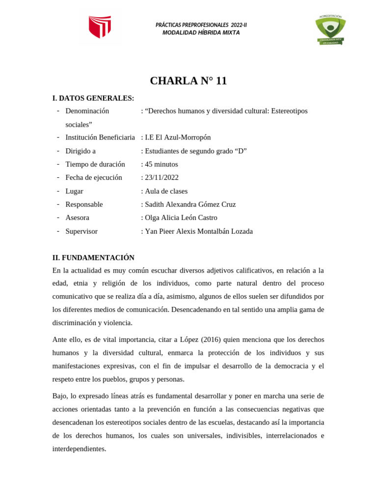 CHARLA 2 - D.D.H.H y Diversidad Cultural | PDF | Derechos humanos | Estereotipos