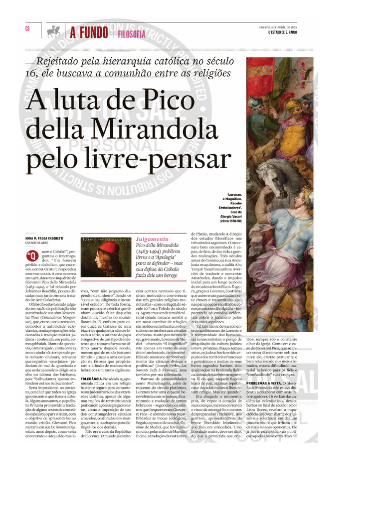 A Luta de Picco Della Mirandola Pelo Livre Pensar - O Estado de S ...