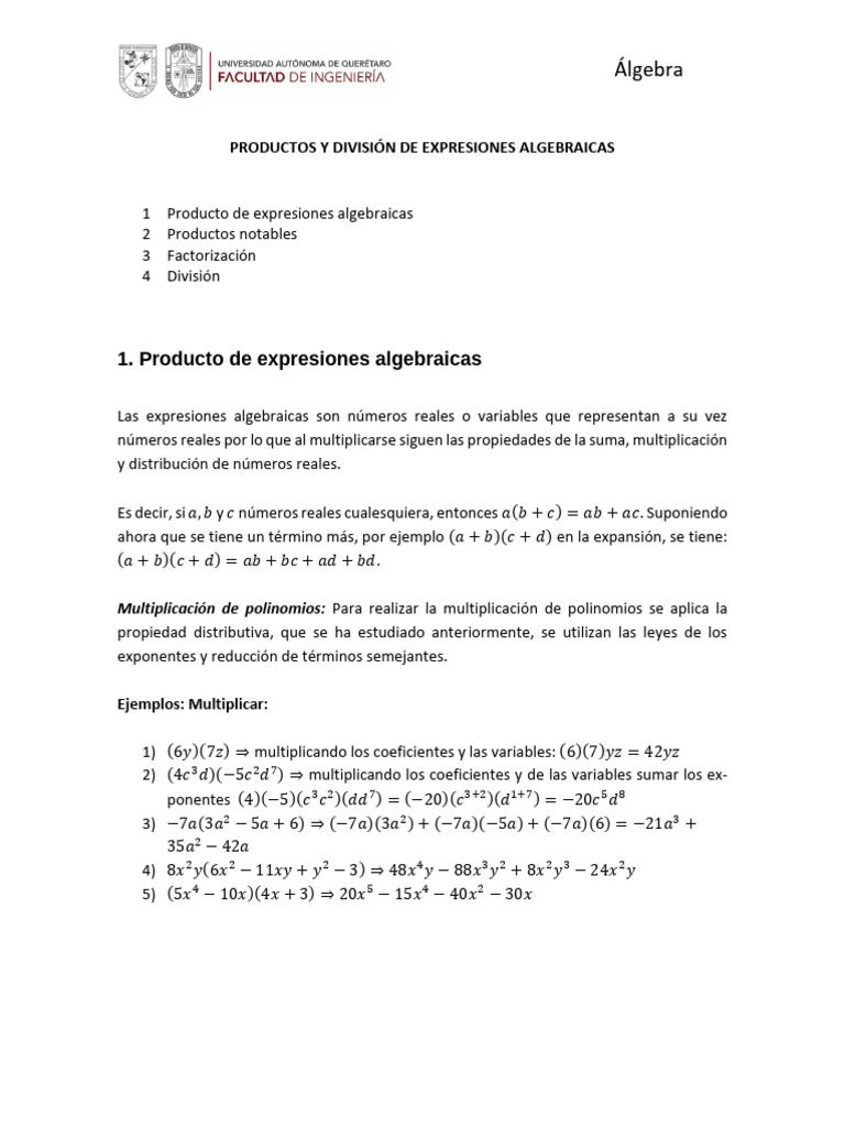 Productos Notables Y Factorización Pdf Factorización División