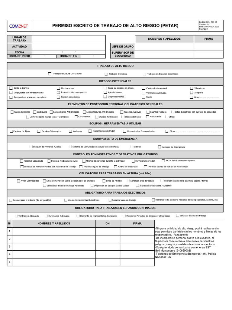 C2N_FO_28_Permiso Escrito de Trabajo de Alto Riesgo (PETAR) | PDF