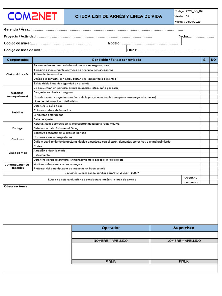 c2n - Fo - 89 Check List de Arnes y Linea de Vida | PDF