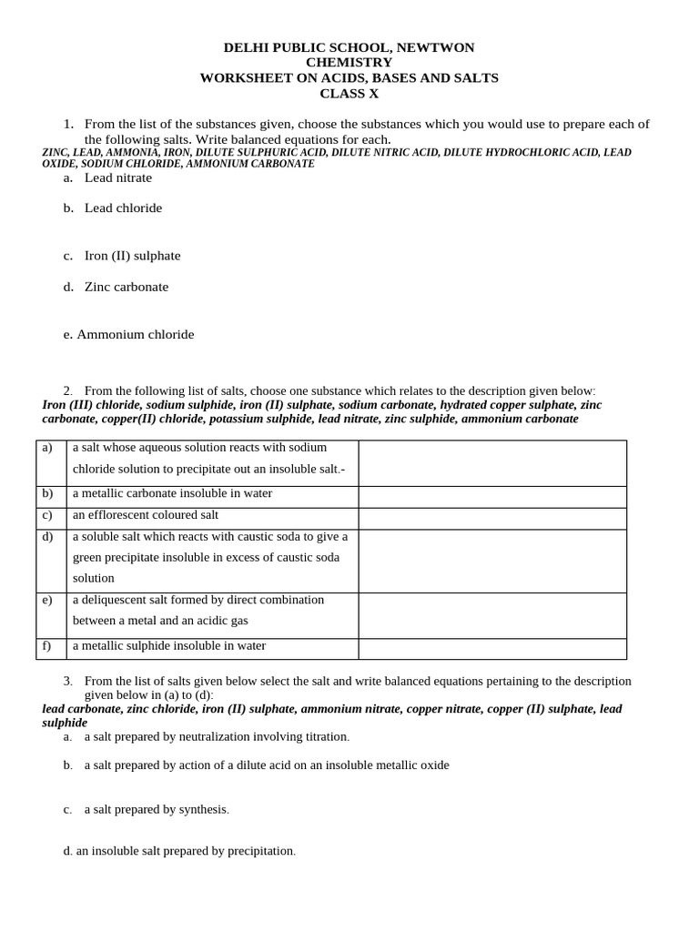 Worksheet On Acids, Bases and Salts | PDF