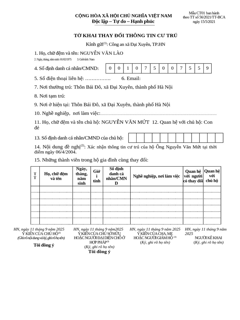 CT01 Tờ Khai Thay Đổi Thông Tin Cư Trú Nguyễn Văn M T | PDF