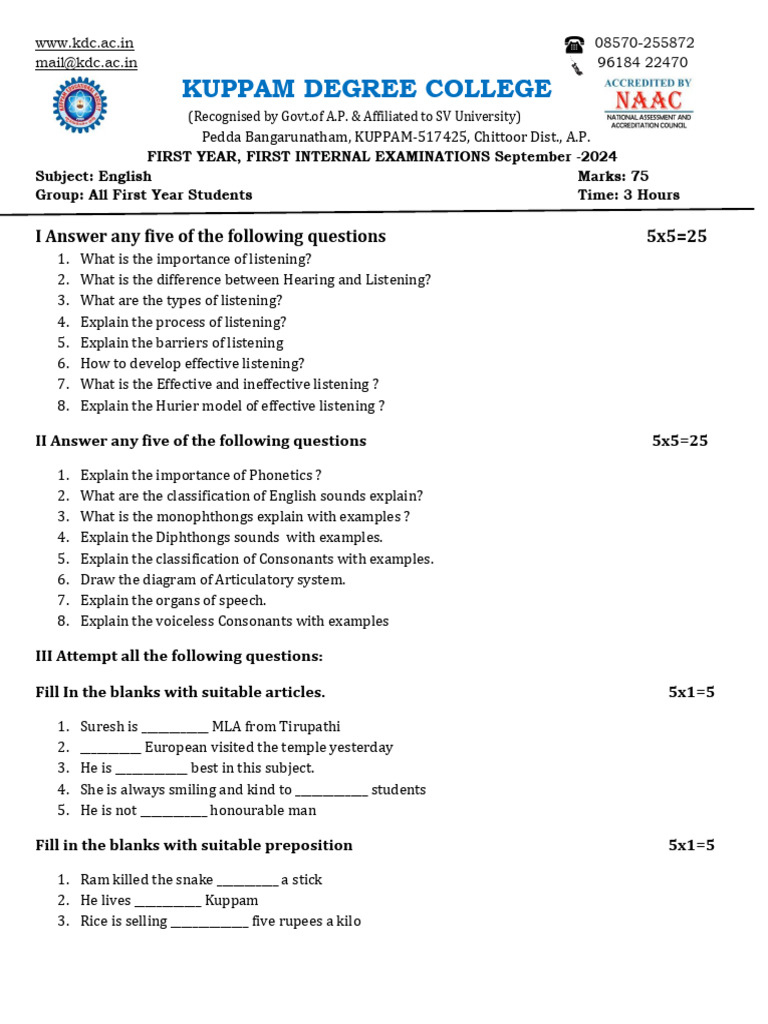 Question Paper 1 Sem PDF | PDF | Human Voice | Phonetics