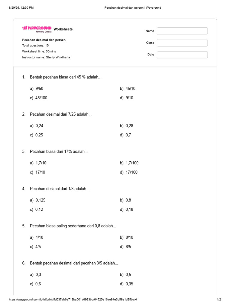 Quizizz - Pecahan Desimal Dan Persen | PDF