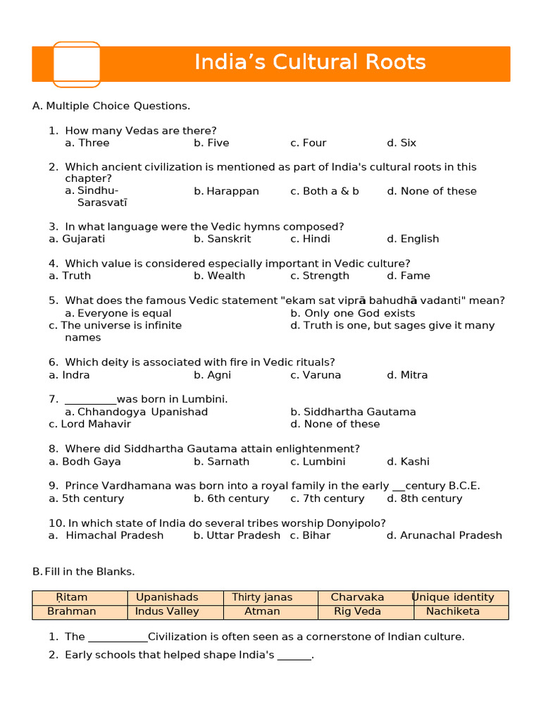 Chapter 7 Indias Cultural Roots Worksheet | PDF | Vedas | Ahimsa