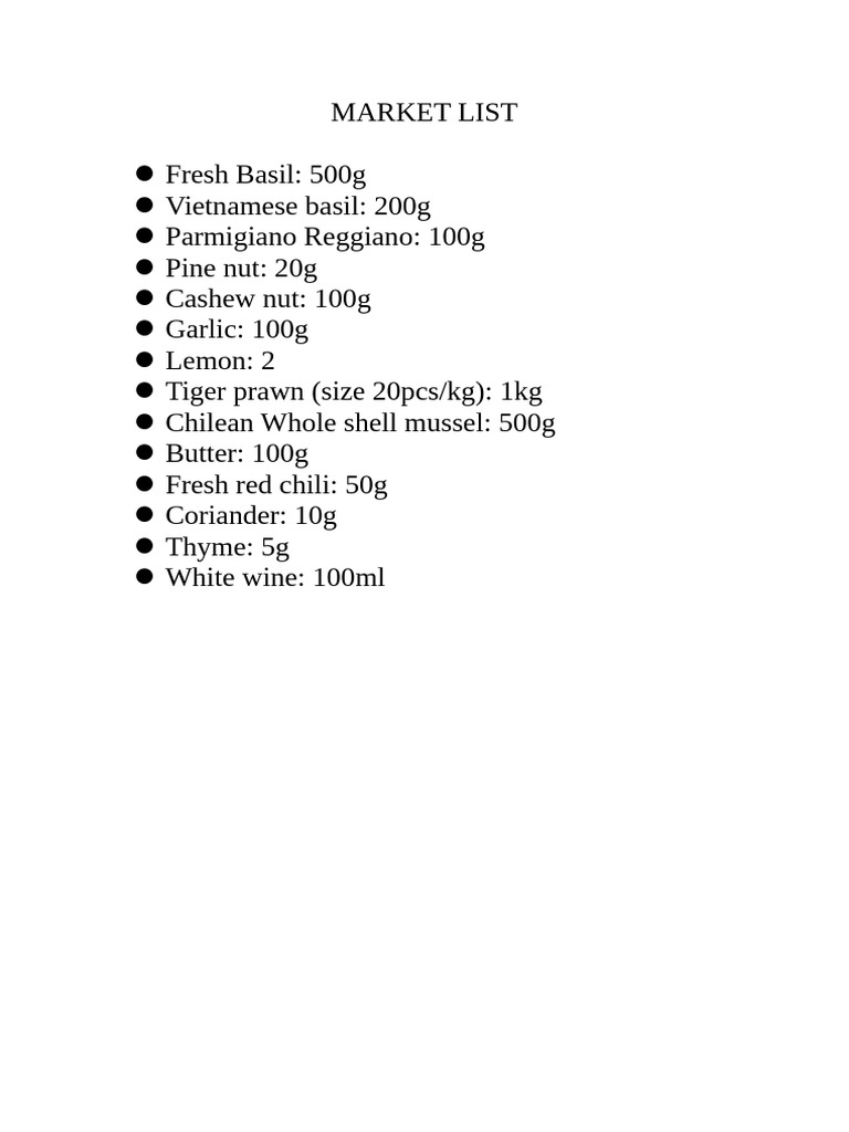 Fresh Seafood and Herb Market List | PDF