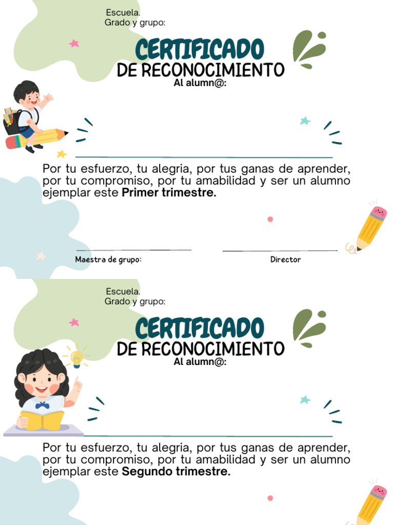 Certificado Reconocimiento Escolar Ilustrado Verde | PDF