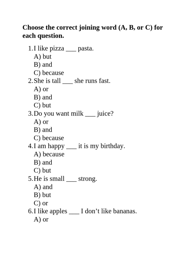 Joining Words Quiz: Choose A, B, or C | PDF