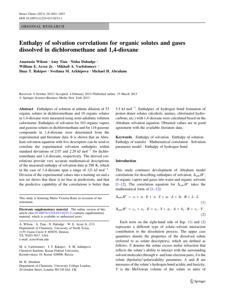 Enthalpy of Solvation Correlations For Organic Solutes and Gases ...