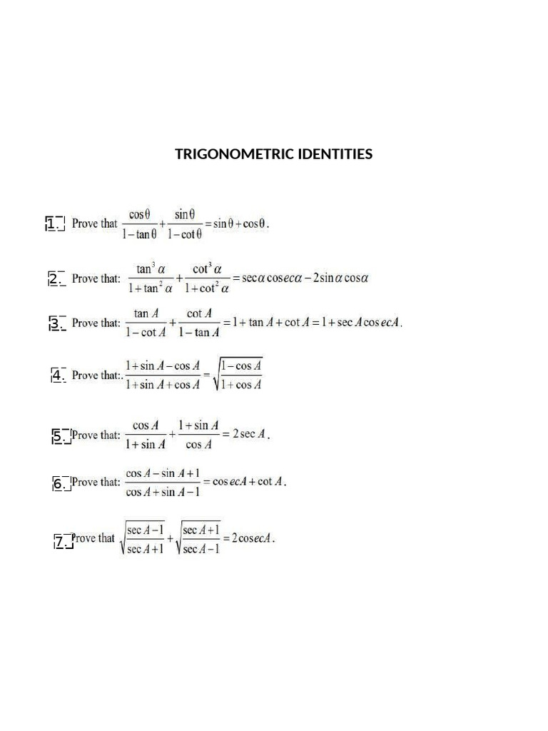 Trigonometric Identities Worksheet | PDF