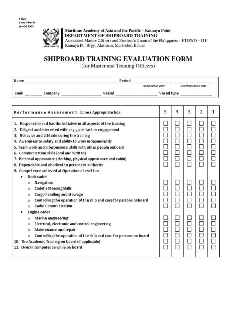 Shipboard Training Evaluation Form | PDF | Sailor | Ships