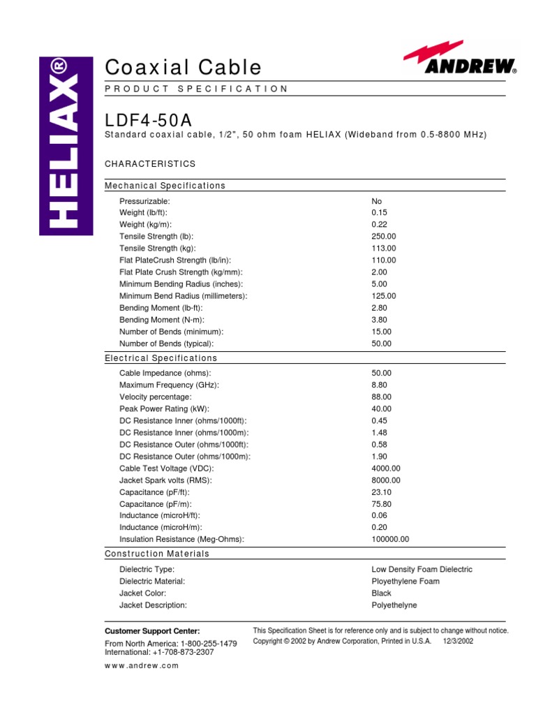 LDF4 50a | PDF | Coaxial Cable | Electrical Conductor