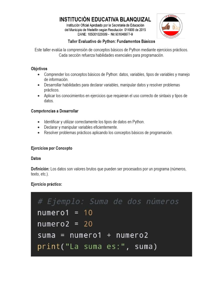 Taller Evaluativo de Python | PDF | Python (lenguaje de programación) | Variable (informática)
