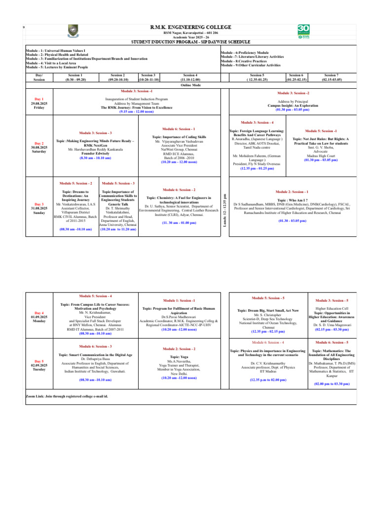 SIP Schedule (29.08.2025 - 02.09.2025 - 2025-26 - RMK | PDF