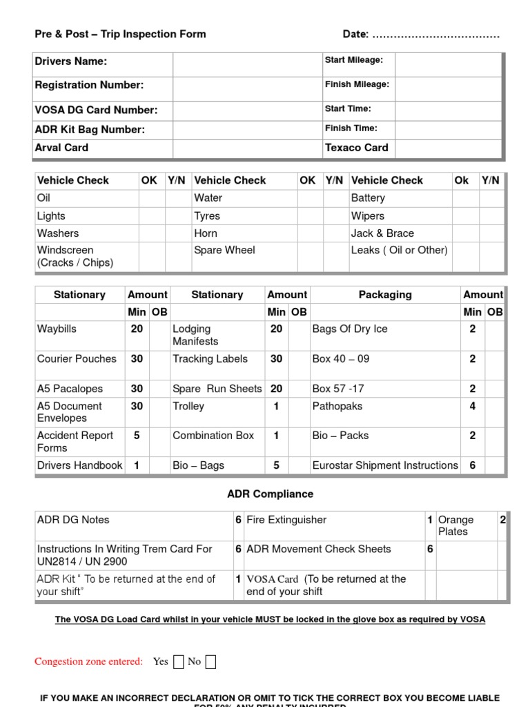 ADR Vehicle Pre & Post Trip Checklist | PDF