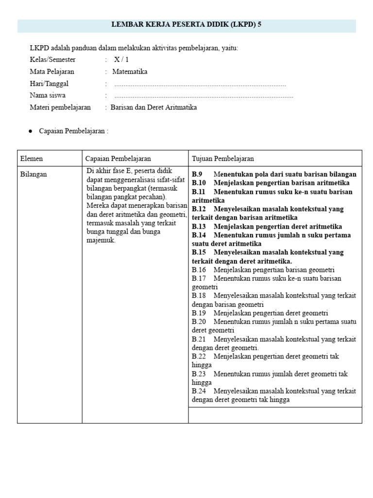 LKPD 5 Barisan Dan Deret Aritmatika - Google Dokumen - Edit | PDF
