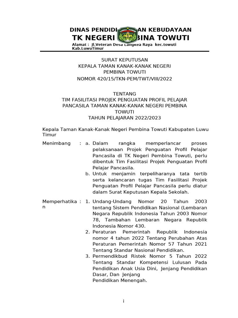 SK Tim Fasilitator Projek p5 Paud | PDF