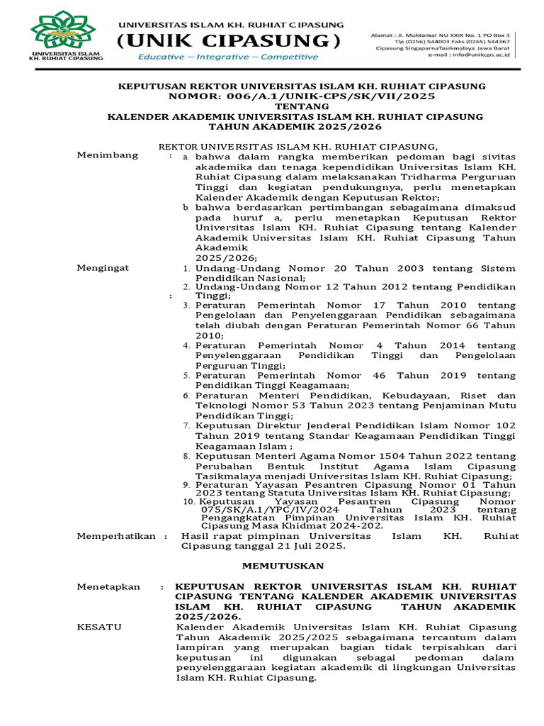 SK Rektor UNIK Cipasung Kalender Akademik TA 2025-2026 | PDF