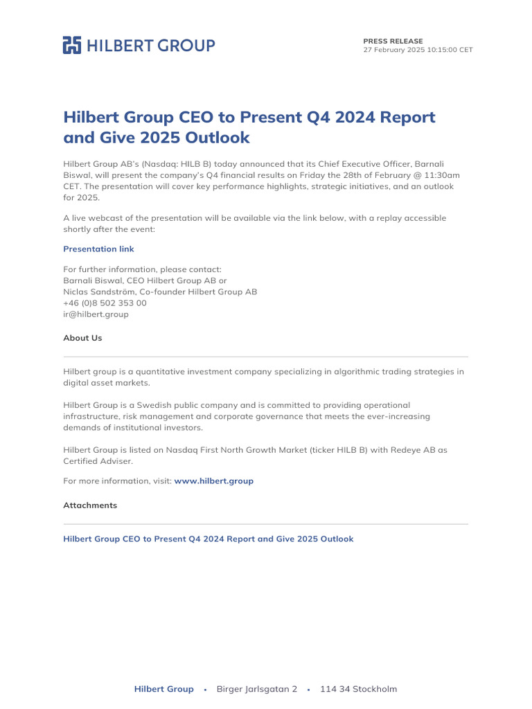 Hilbert Group Ceo To Present q4 2024 Report and Give 2025 Outlook | PDF