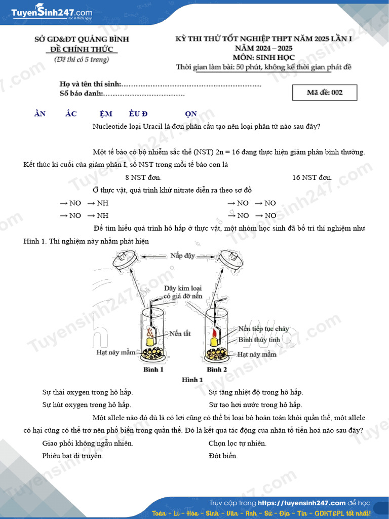 De Thi Thu Tot Nghiep 2025 Mon Sinh THPT Lan 1 So GD DT Quang Binh ...