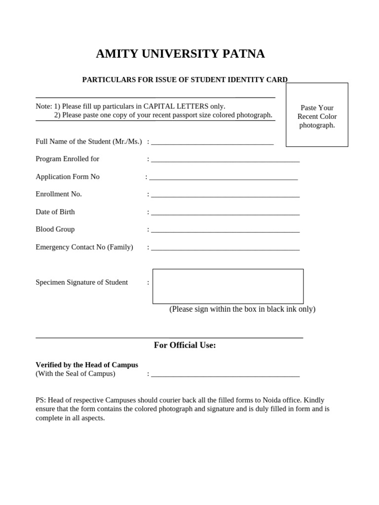 Amity University Student ID Card Form | PDF