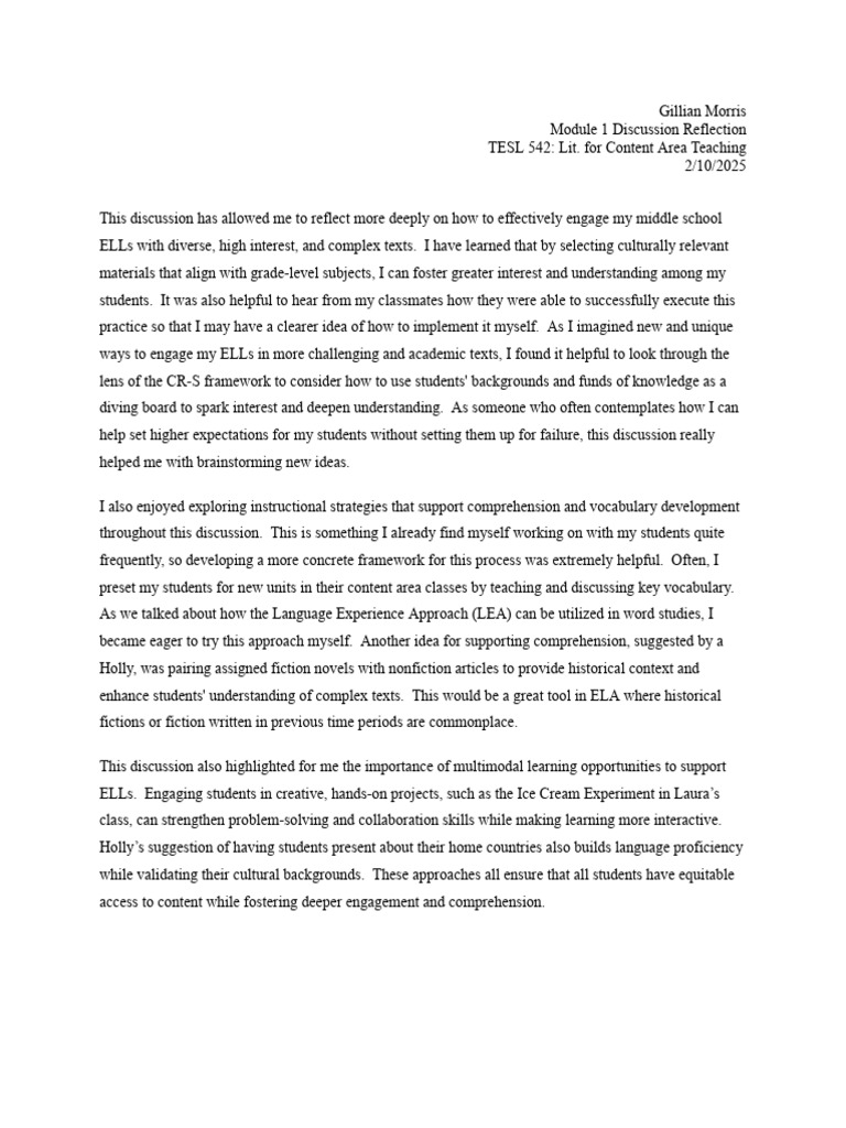 Module 1 Discussion Reflection | PDF | Reading Comprehension ...