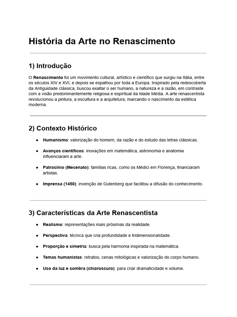 História Da Arte No Renascimento | PDF | Renascimento | Arte renascentista