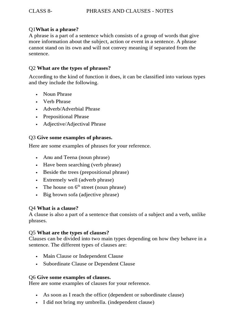 Phrases and Clauses for Class 8 | PDF | Phrase | Adverb