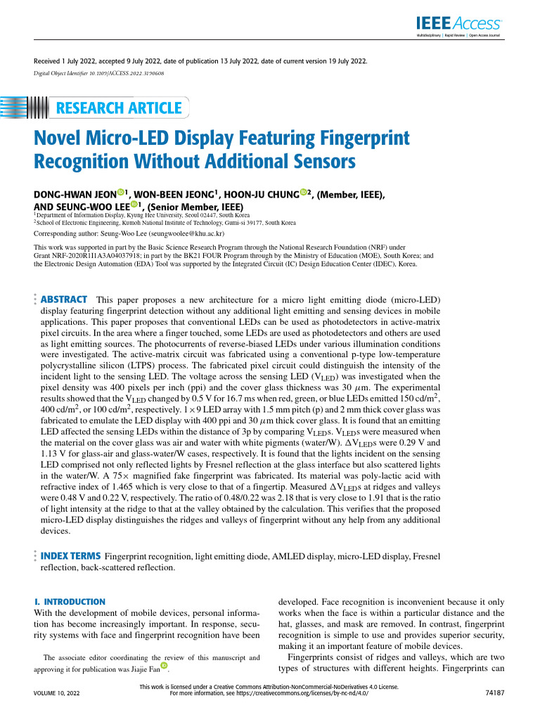Novel Micro-LED Display Featuring Fingerprint Recognition Without ...