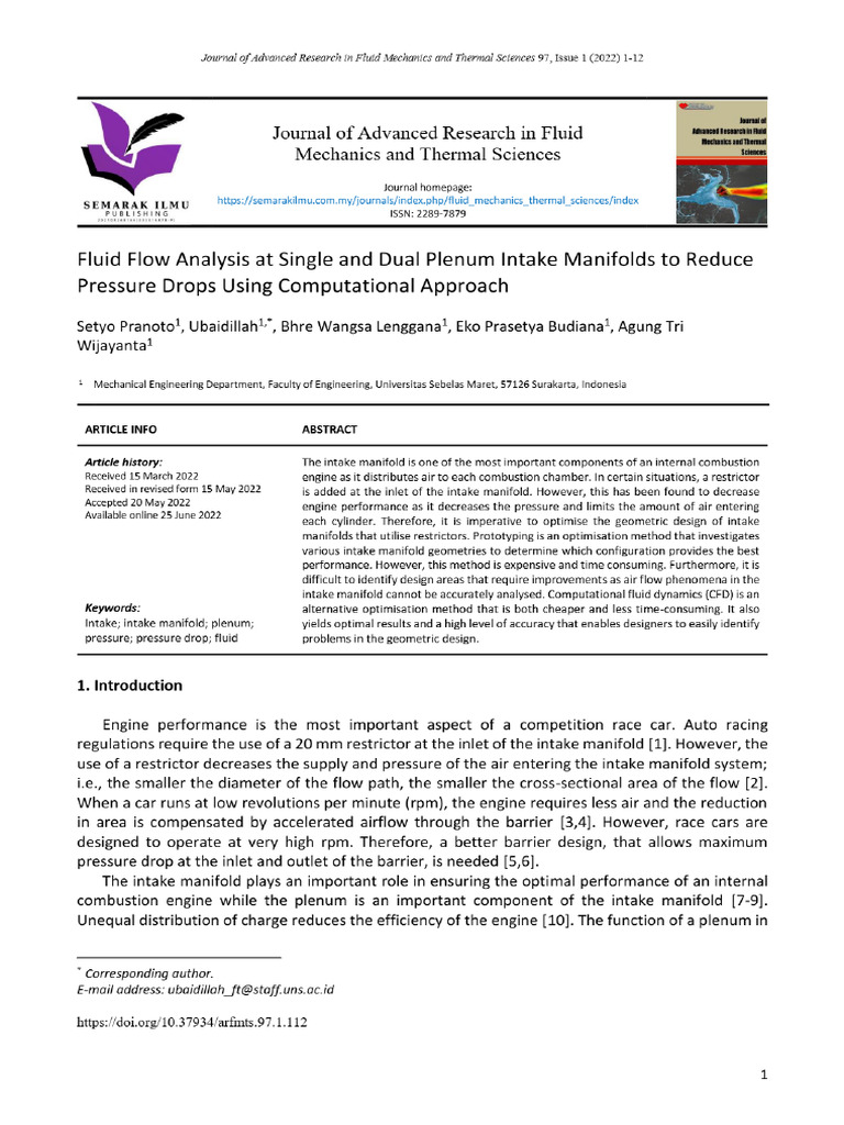 View of Fluid Flow Analysis at Single and Dual Plenum Intake Manifolds To Reduce Pressure Drops ...