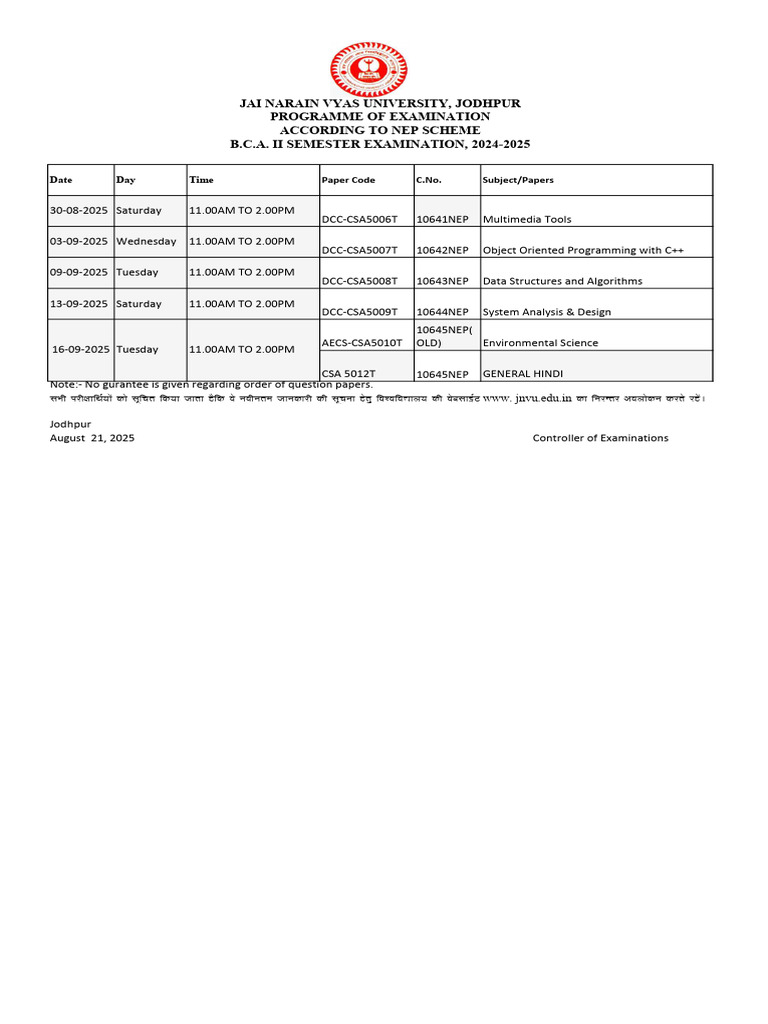 Bca Second Semester Nep Scheme Examination 2025.Xlsx | PDF